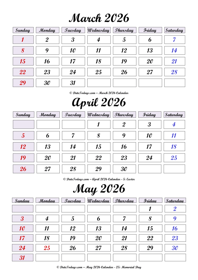 March April May 2026 Calendar Printable PDF - 3 Month Calendar