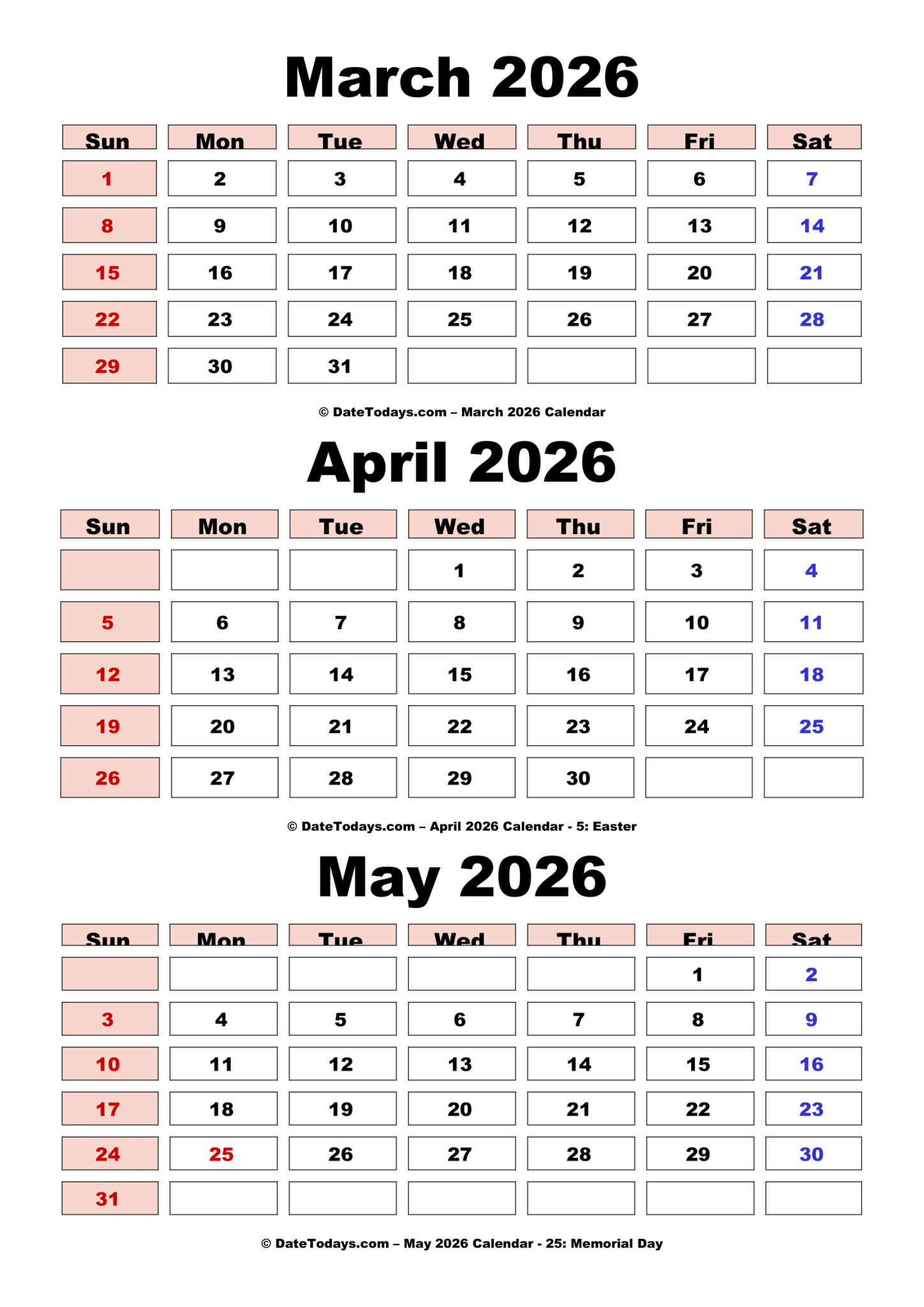 March April May 2026 Calendar Printable PDF - 3 Month Calendar