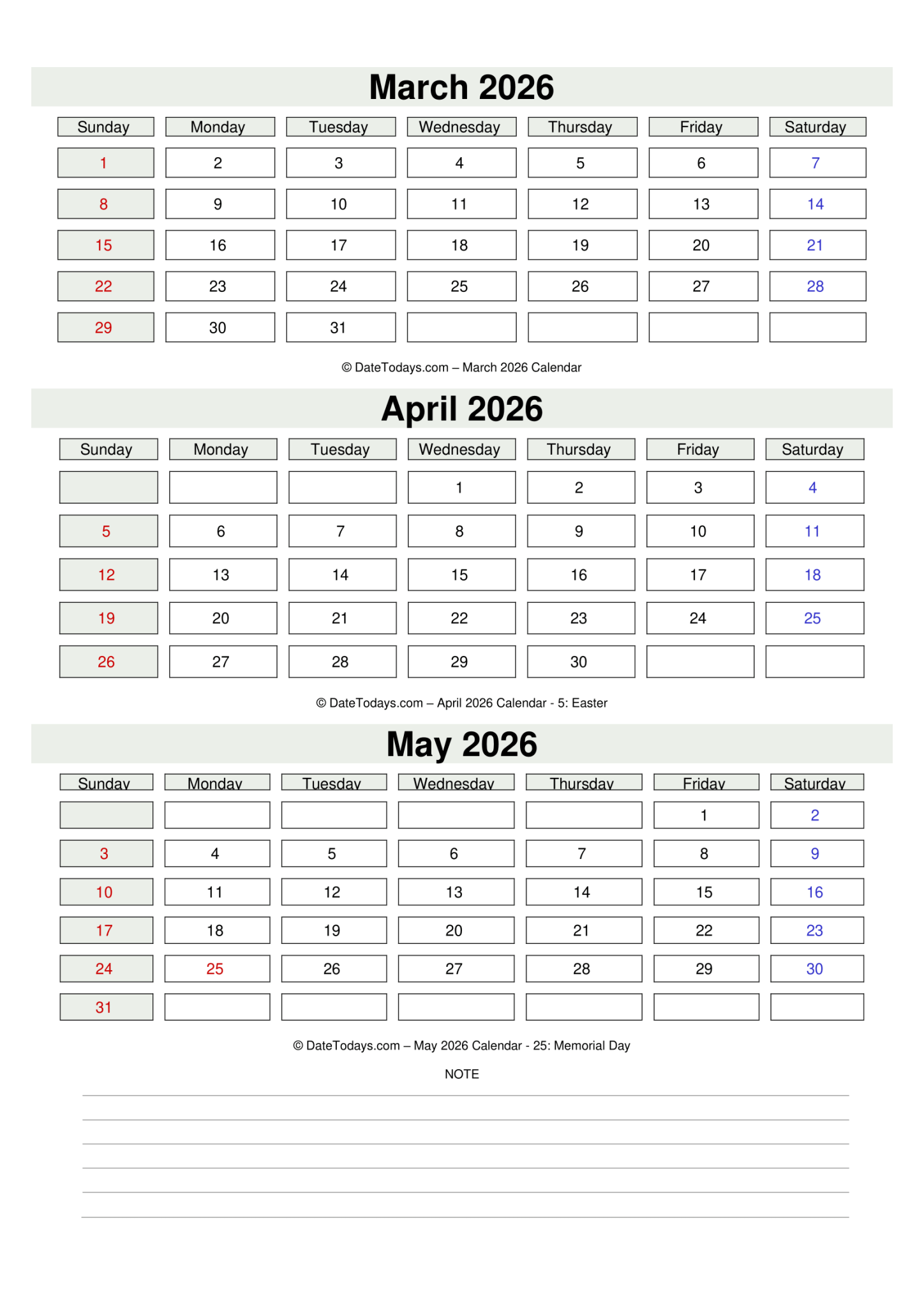 March April May 2026 Calendar Printable PDF - 3 Month Calendar