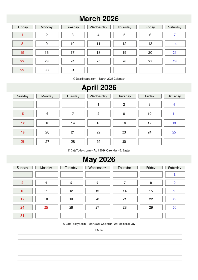 March April May 2026 Calendar Printable PDF - 3 Month Calendar