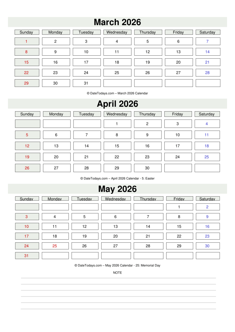March April May 2026 Calendar Printable PDF - 3 Month Calendar