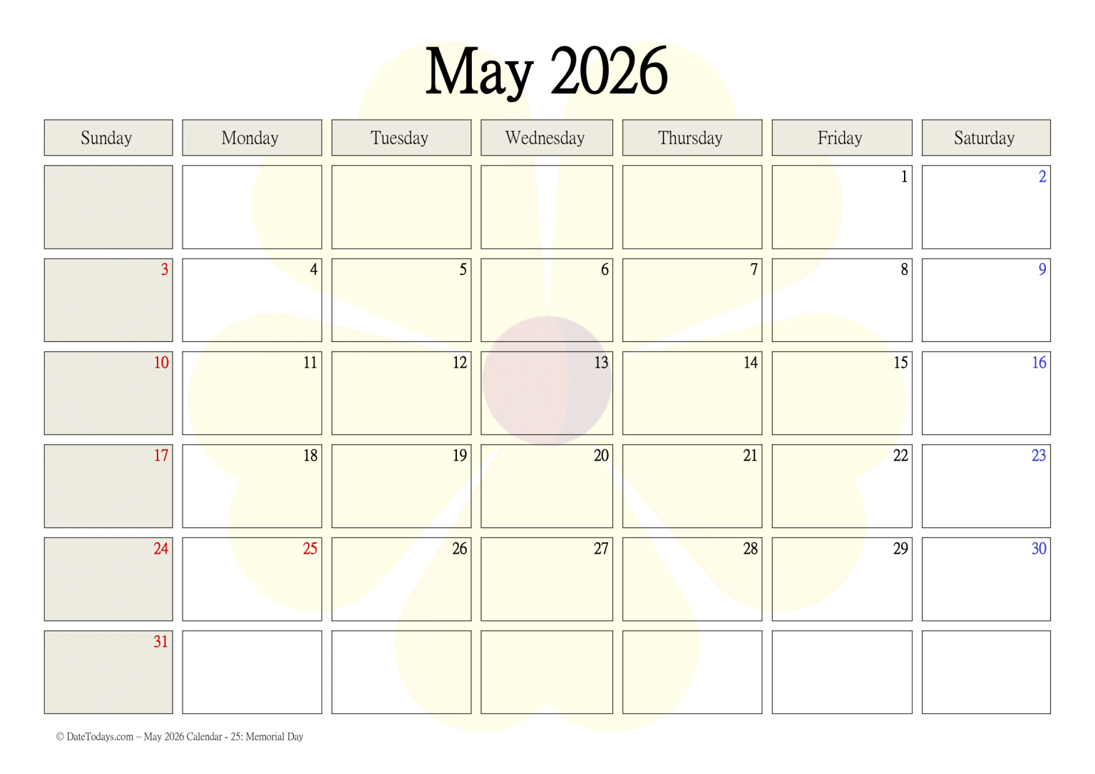 Free May 2026 Calendar with US Holidays Printable PDF