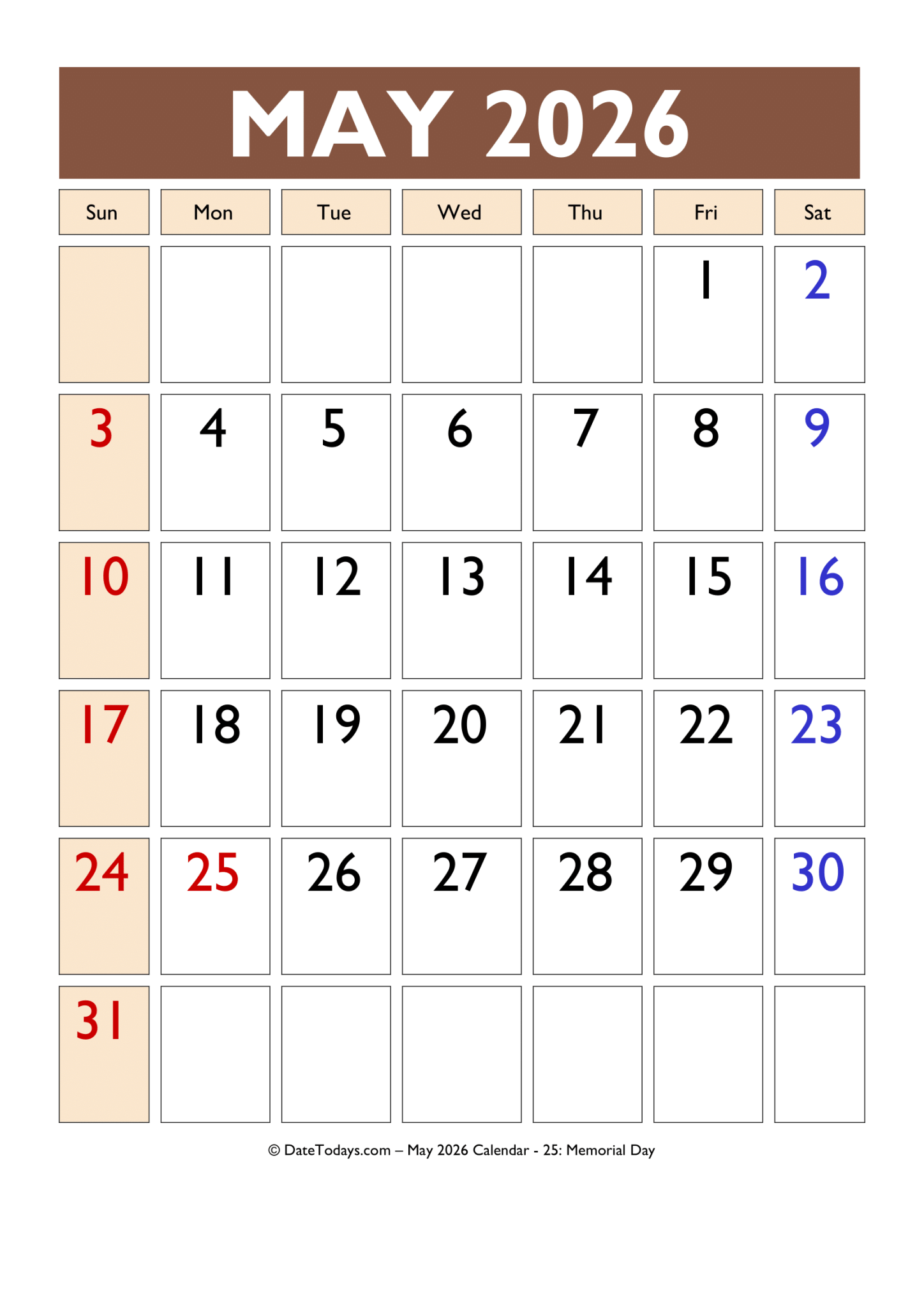 Free May 2026 Calendar with US Holidays Printable PDF