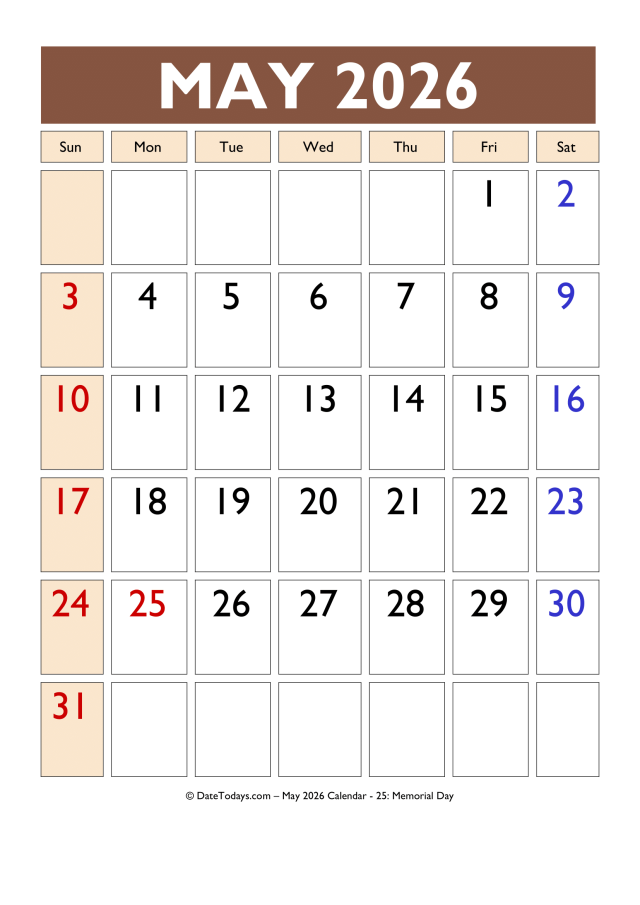 Free May 2026 Calendar With Us Holidays Printable Pdf