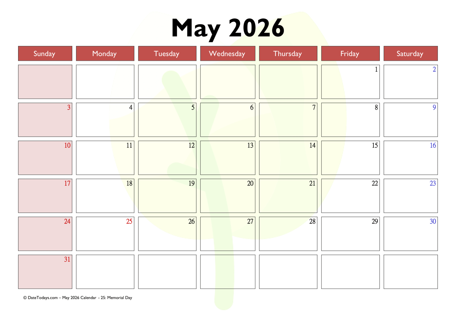 Free May 2026 Calendar with US Holidays Printable PDF