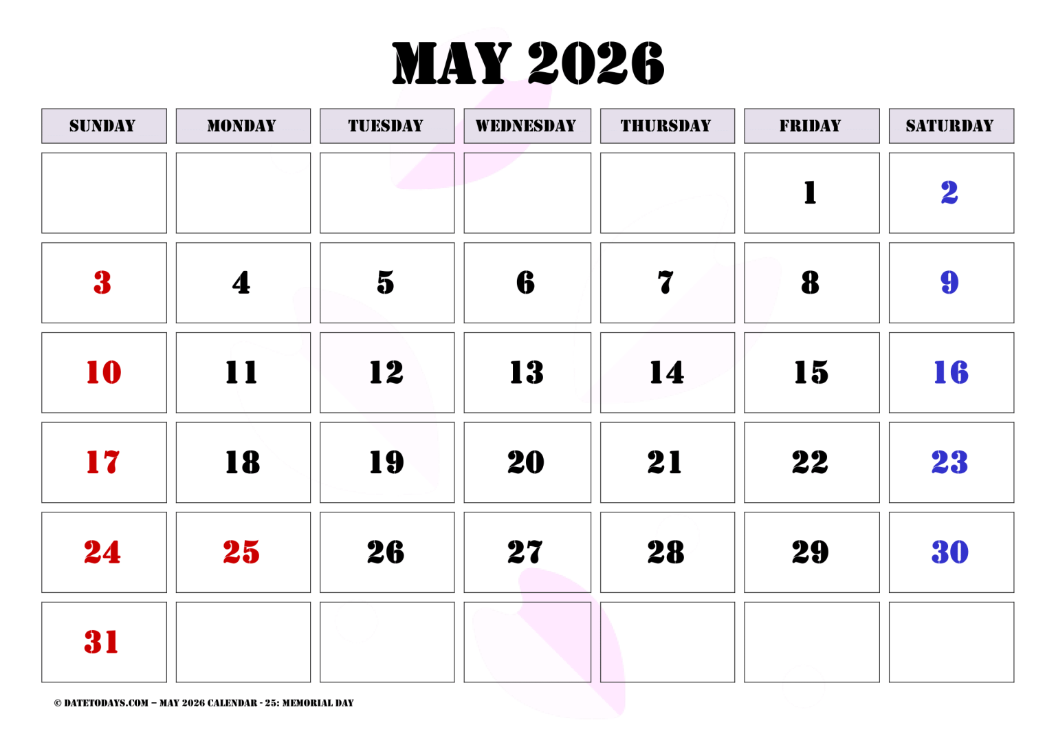 Free May 2026 Calendar with US Holidays Printable PDF