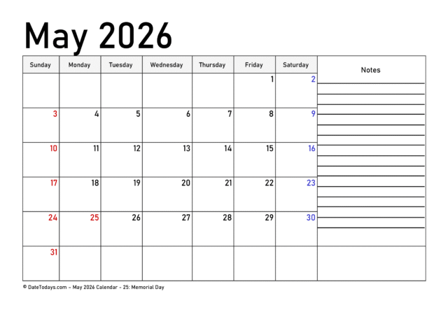 Free May 2026 Calendar with US Holidays Printable PDF