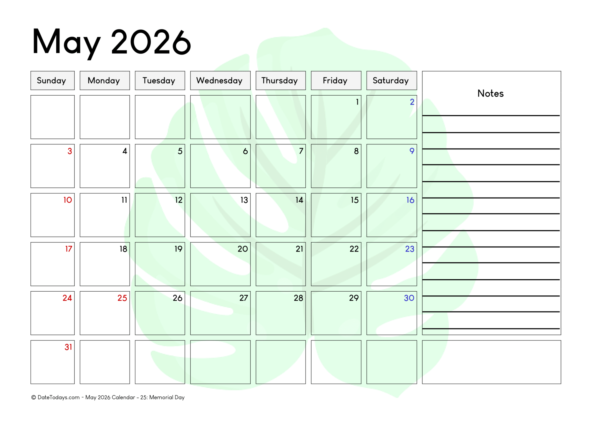 Free May 2026 Calendar with US Holidays Printable PDF