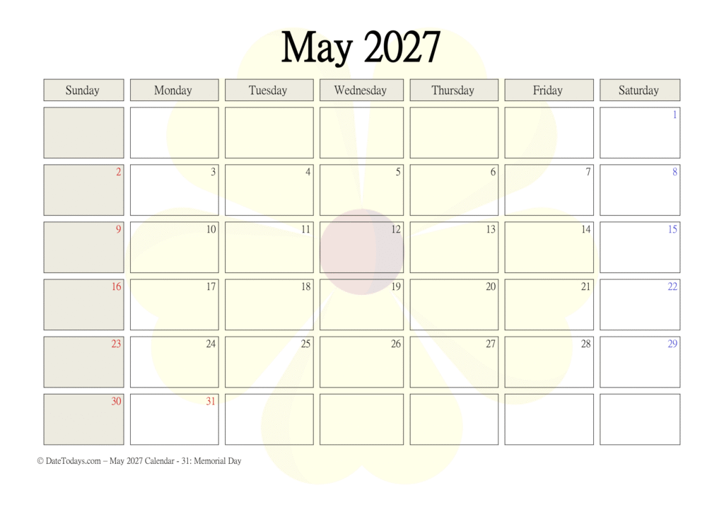 Printable May 2027 Calendar with Holidays