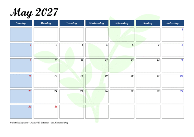 Printable May 2027 Calendar with Holidays