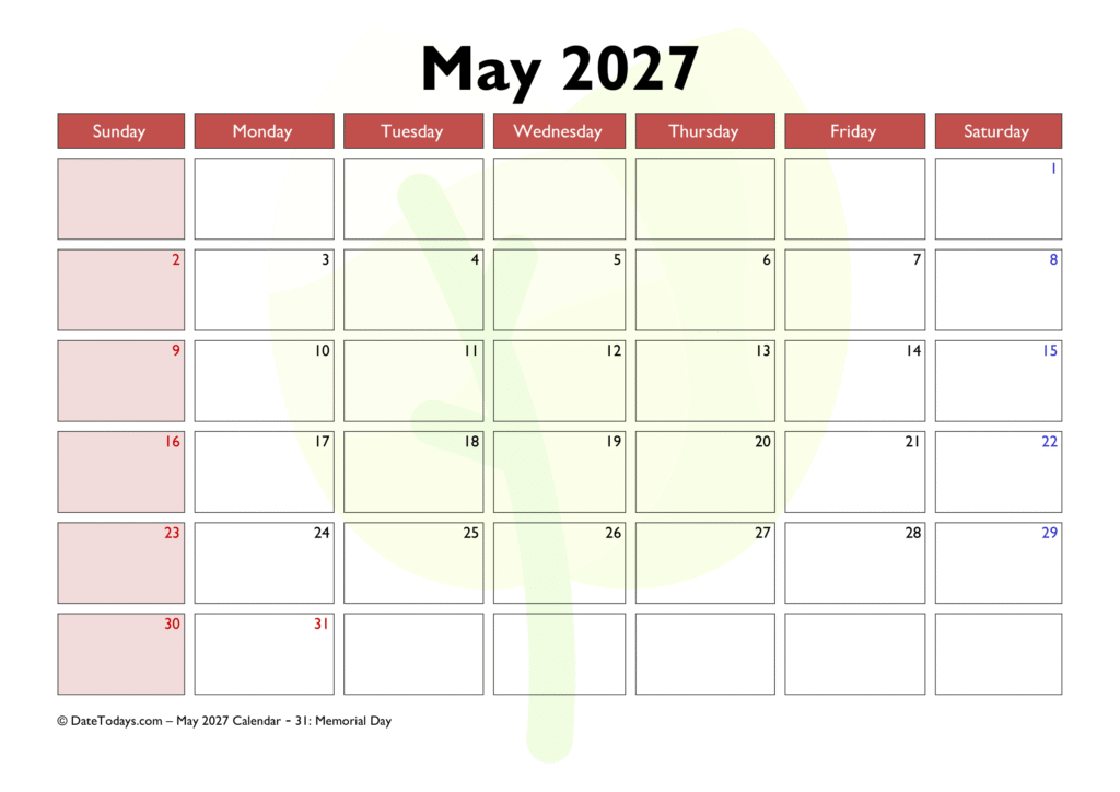 Printable May 2027 Calendar with Holidays
