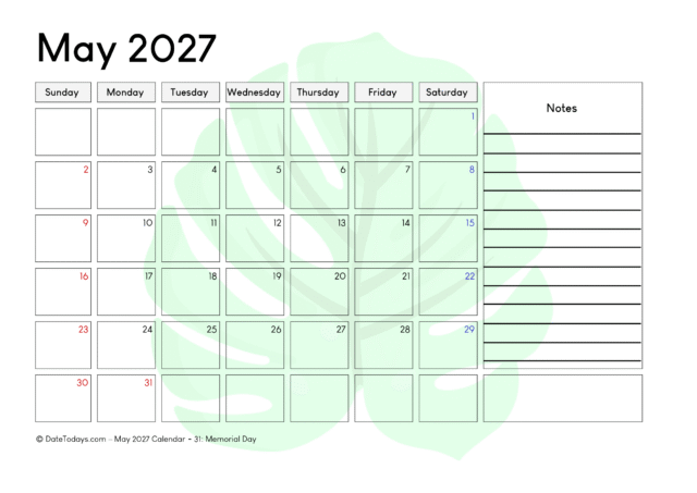 Printable May 2027 Calendar with Holidays