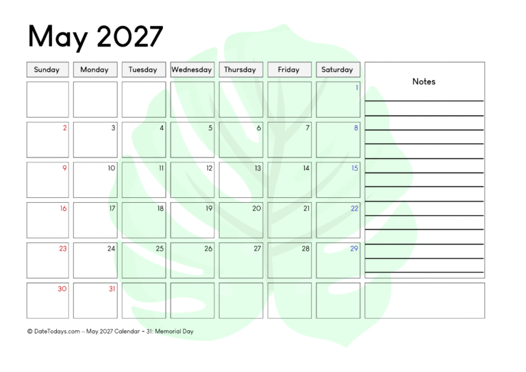 Printable May 2027 Calendar with Holidays