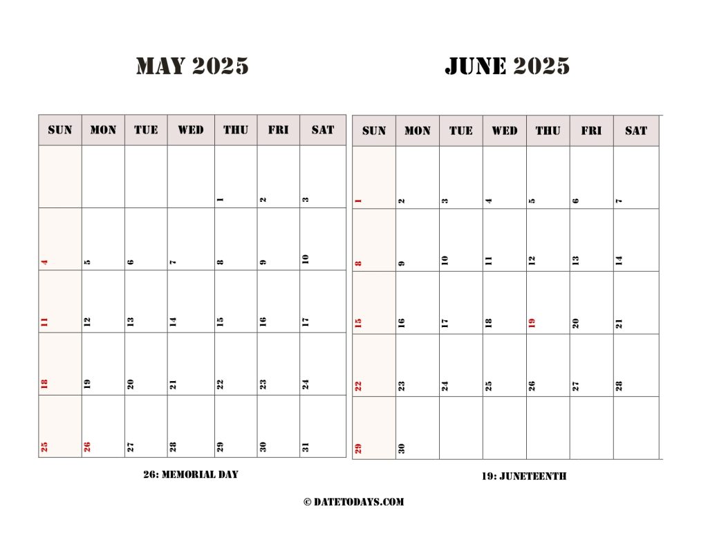 May June 2025 Calendar - 2 Month Calendars Printable
