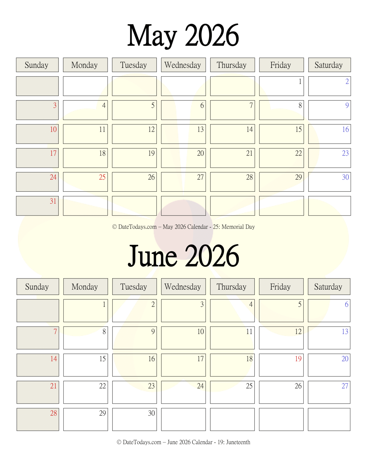 May June 2026 Calendar Printable PDF - 2 Month Calendar