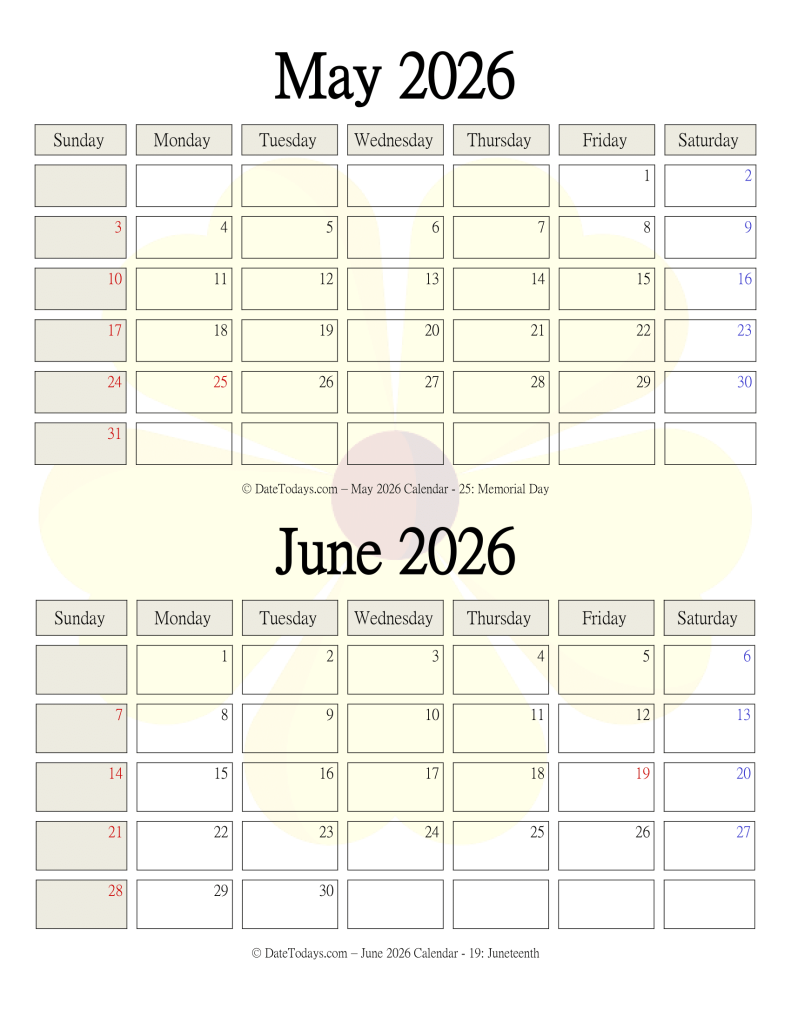 May June 2026 Calendar Printable Pdf 2 Month Calendar