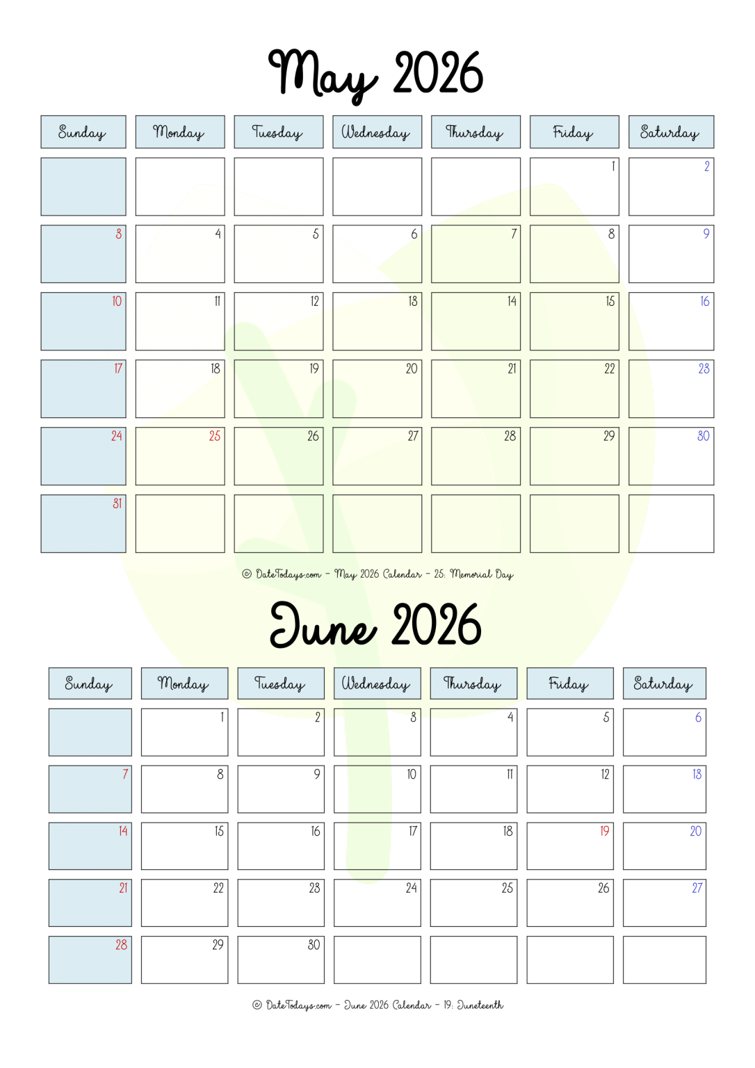 May June 2026 Calendar Printable PDF - 2 Month Calendar