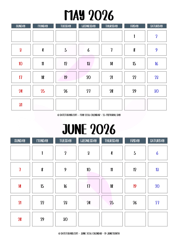 May June 2026 Calendar Printable PDF - 2 Month Calendar