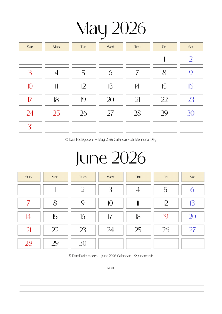 May June 2026 Calendar Printable PDF - 2 Month Calendar