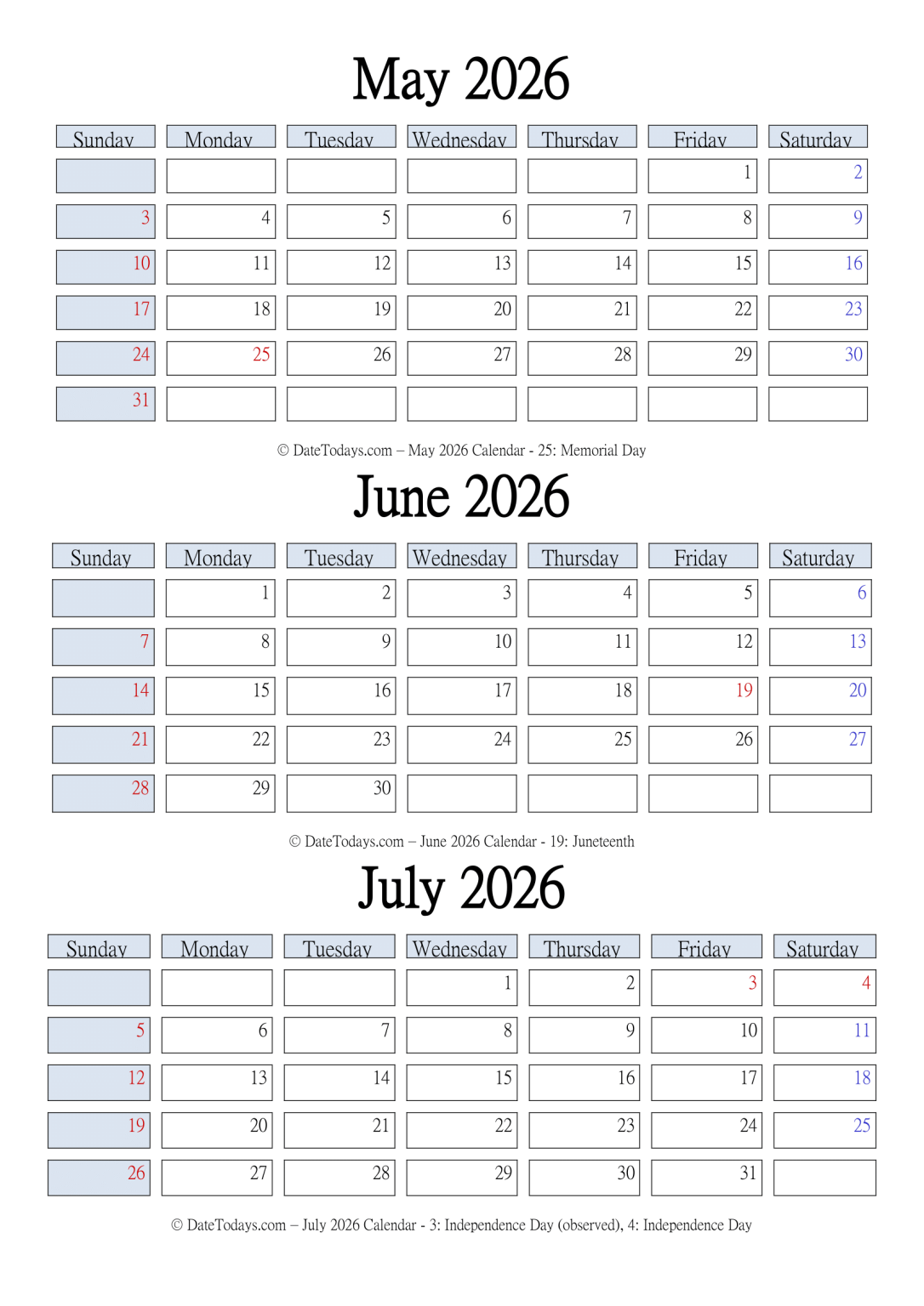 May June July 2026 Calendar Printable PDF