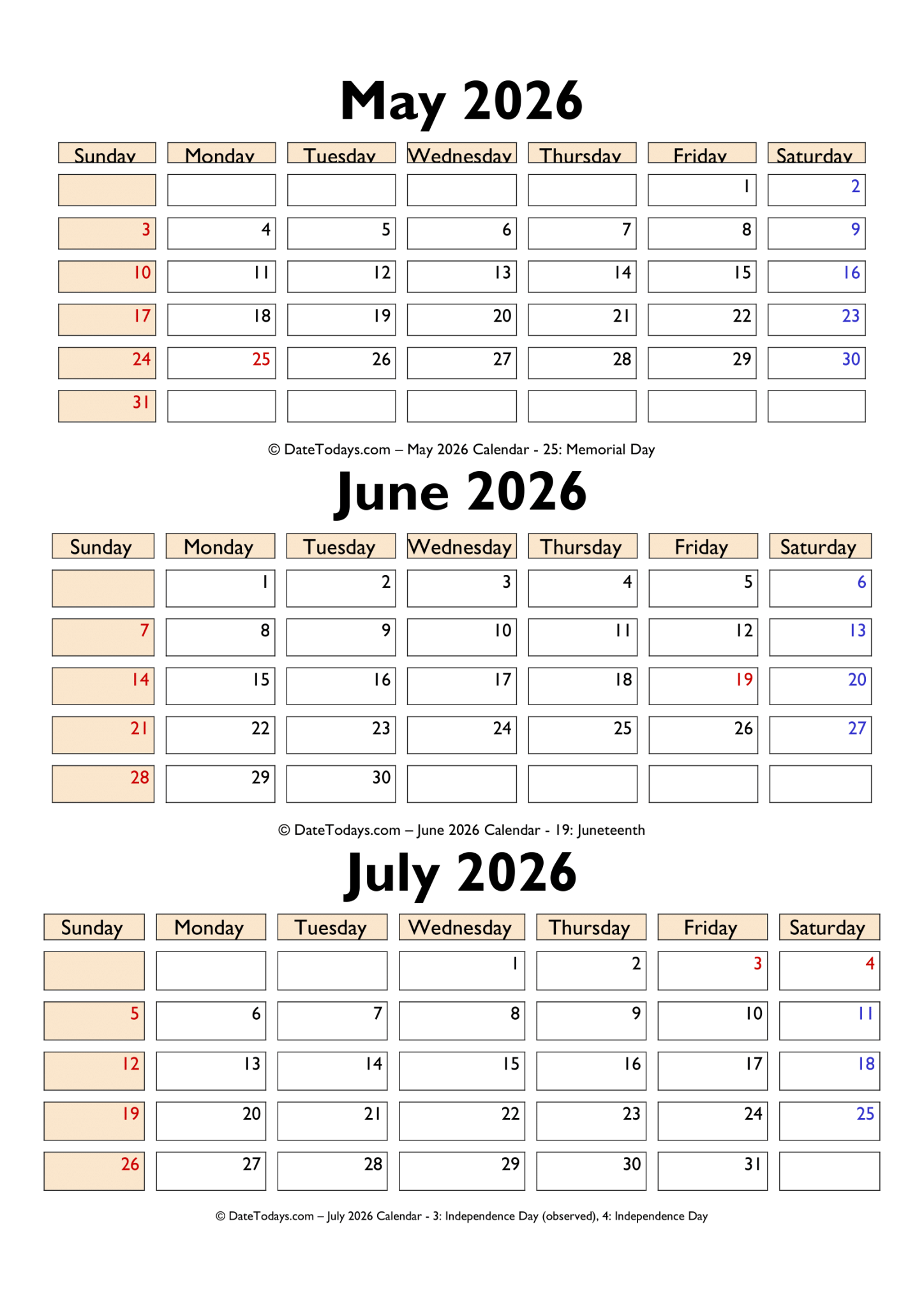 May June July 2026 Calendar Printable PDF