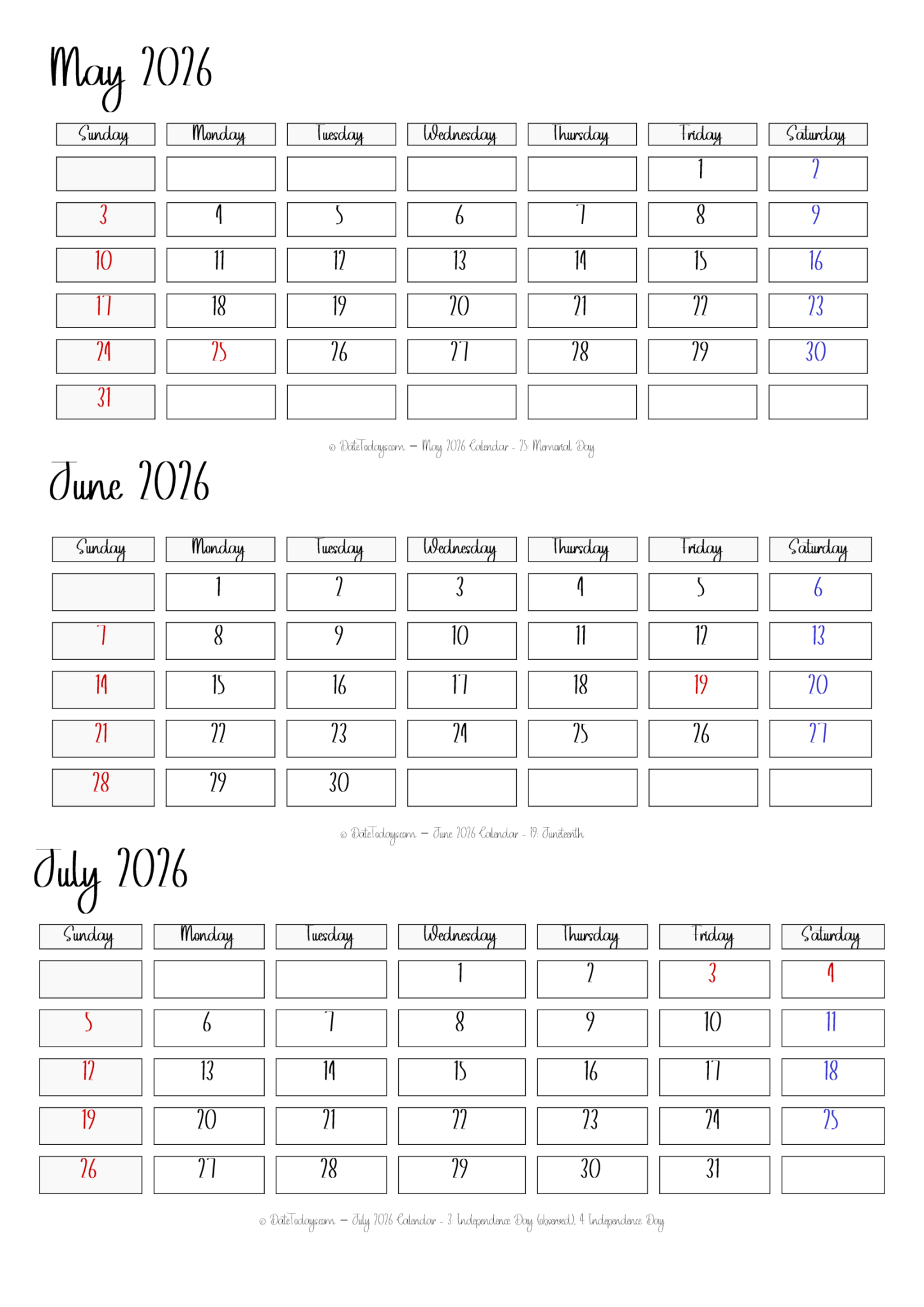 May June July 2026 Calendar Printable PDF