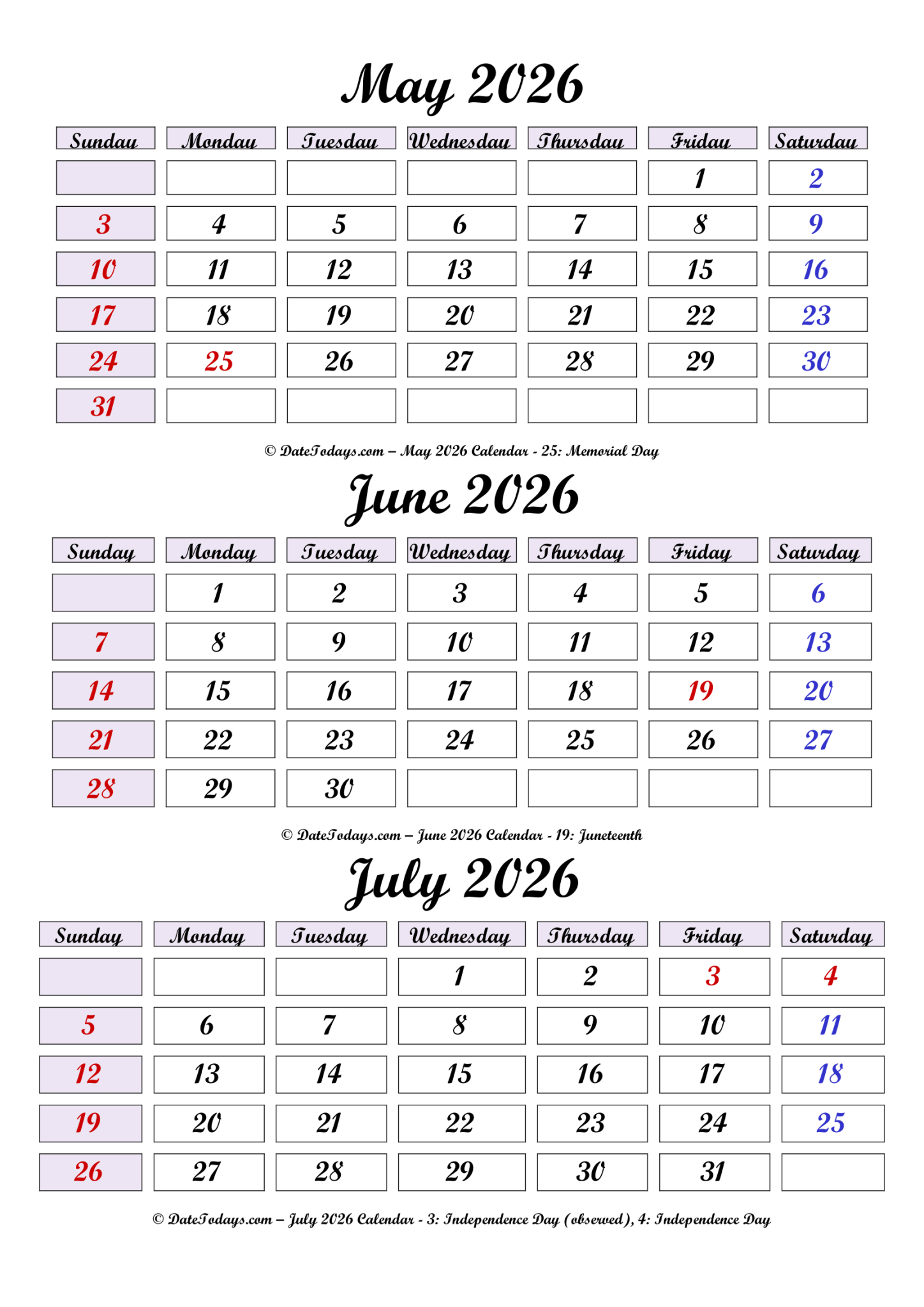 May June July 2026 Calendar Printable PDF