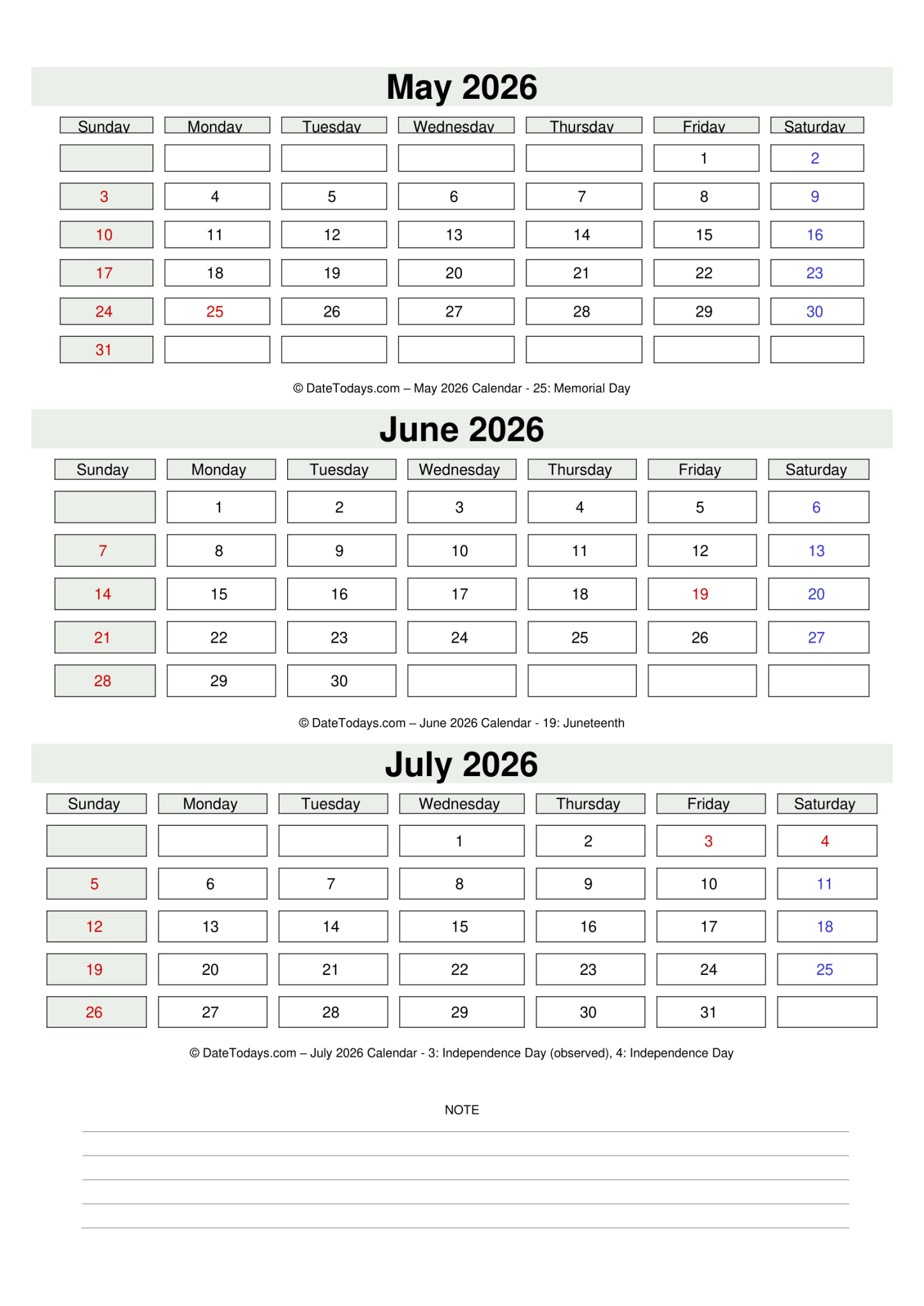 May June July 2026 Calendar Printable PDF