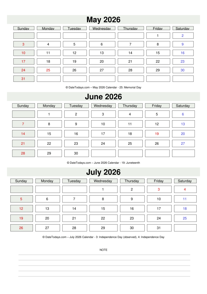 May June July 2026 Calendar Printable PDF