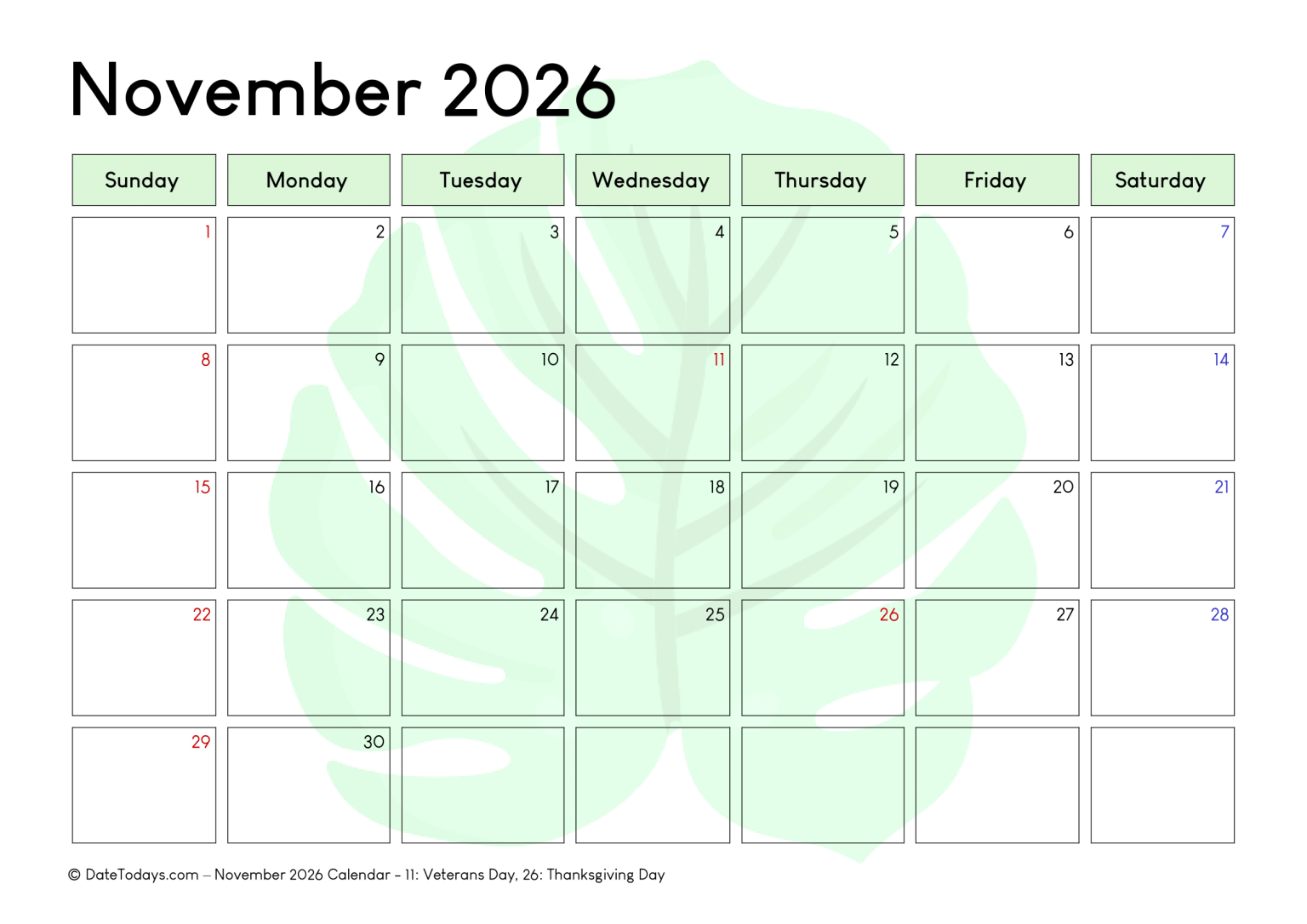 November 2026 Calendar with US Federal Holidays Printable PDF