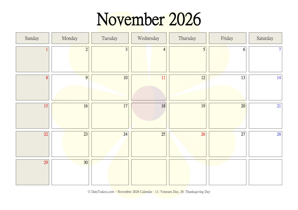 November 2026 Calendar with US Federal Holidays Printable PDF