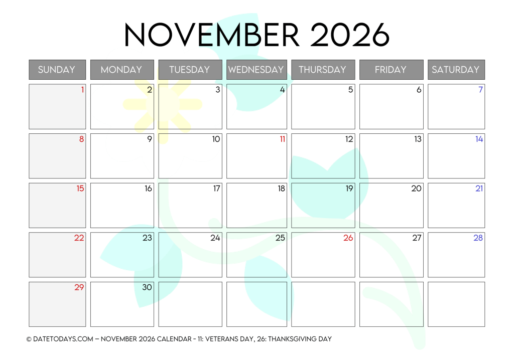 November 2026 Calendar with US Federal Holidays Printable PDF