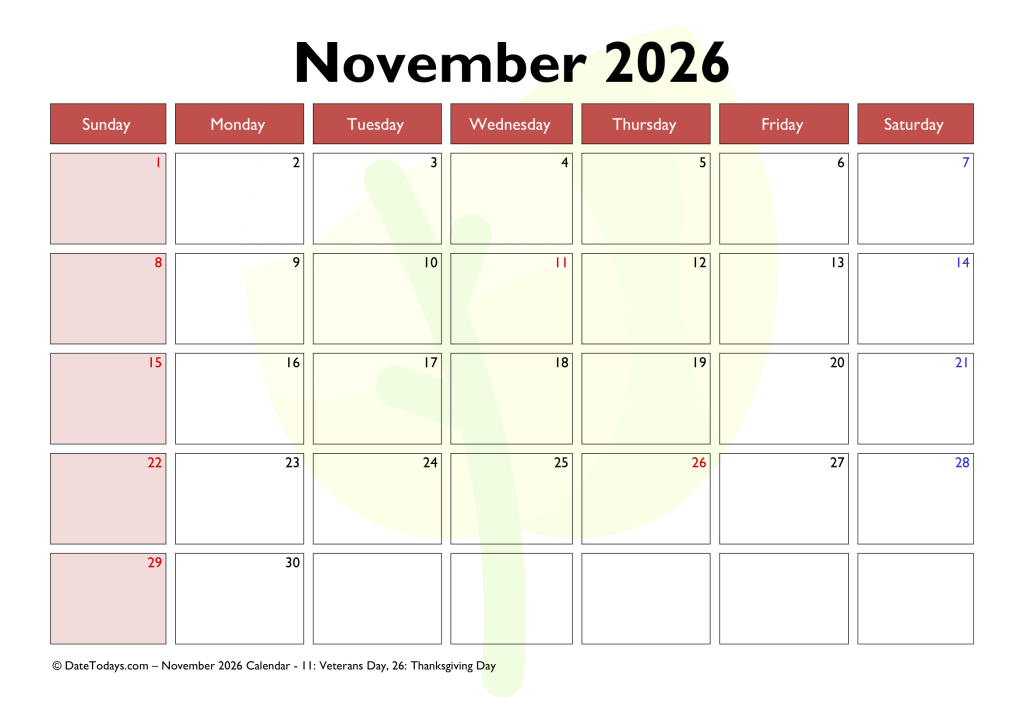November 2026 Calendar with US Federal Holidays Printable PDF