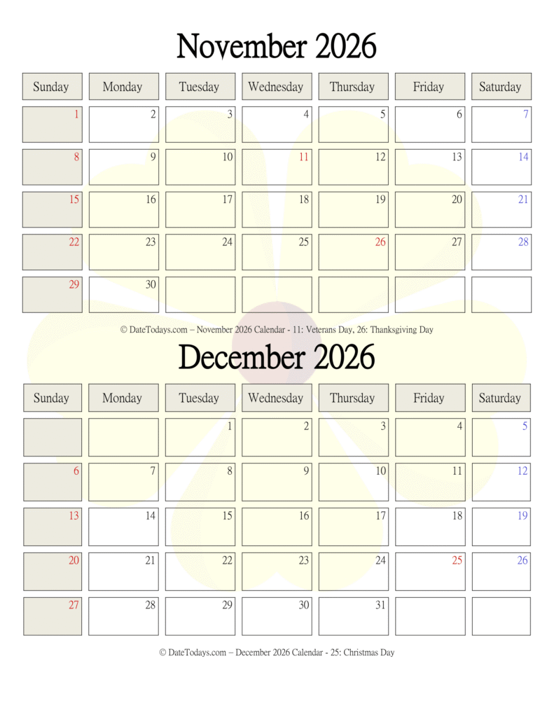 November December 2026 Calendar Printable