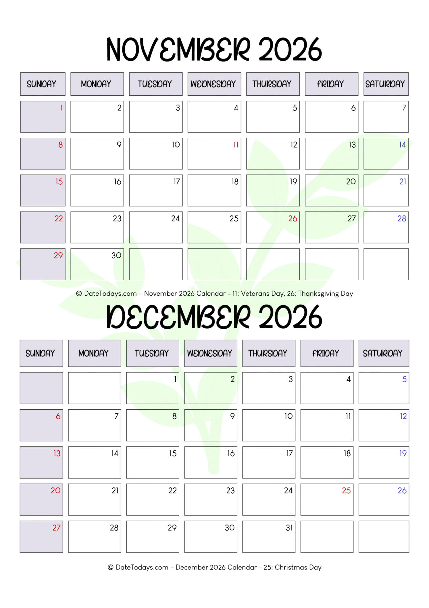 November December 2026 Calendar Printable