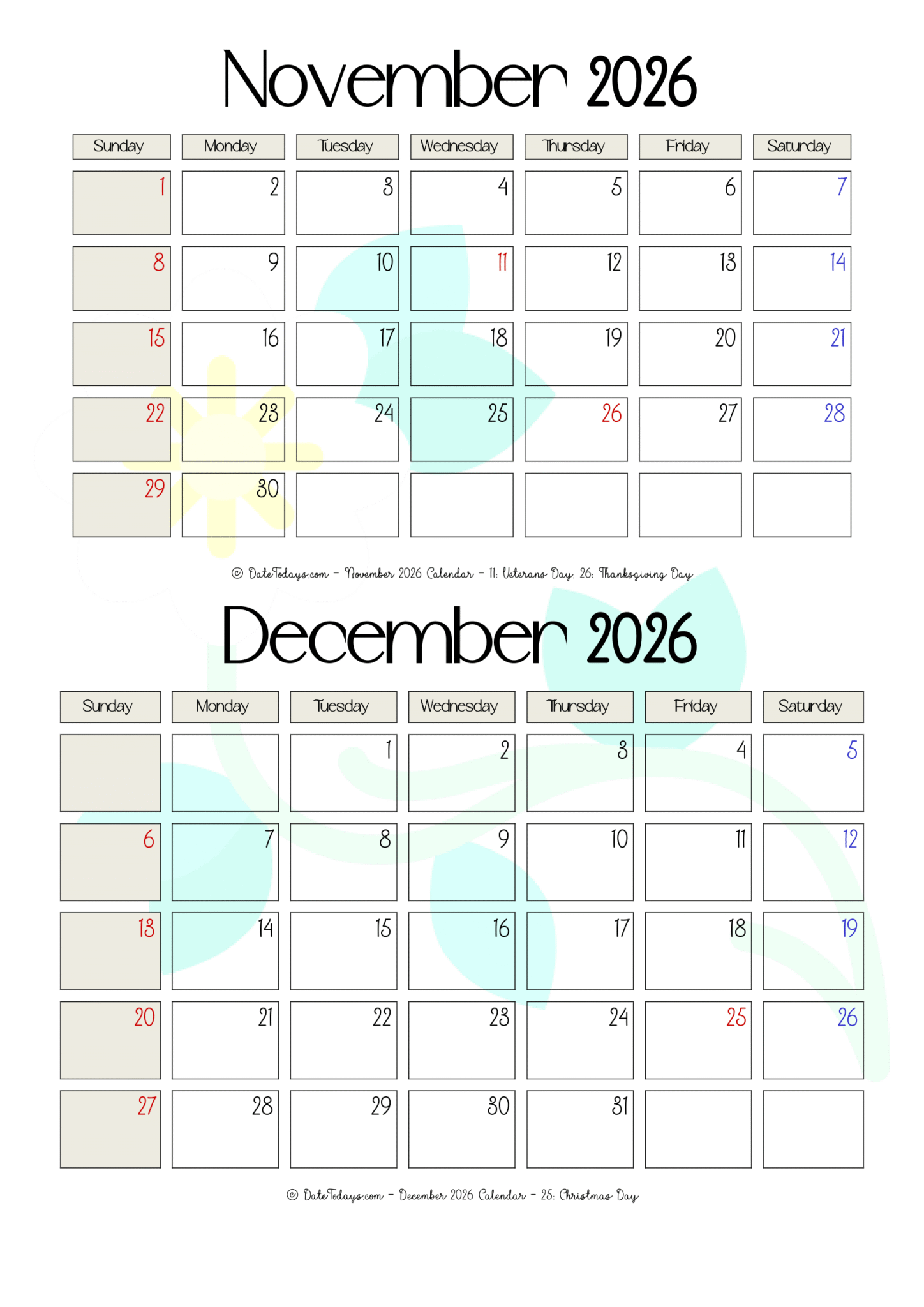 November December 2026 Calendar Printable