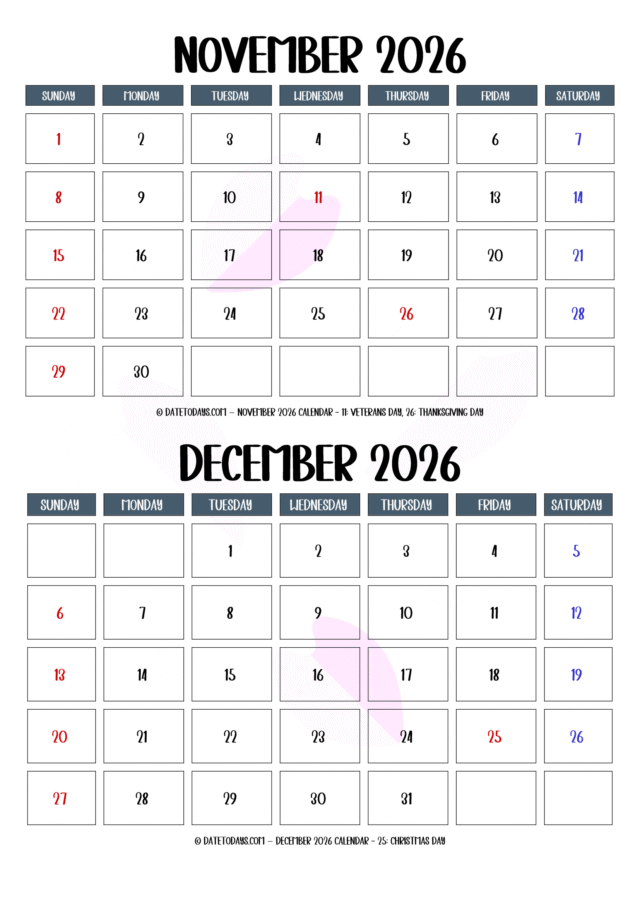 November December 2026 Calendar Printable
