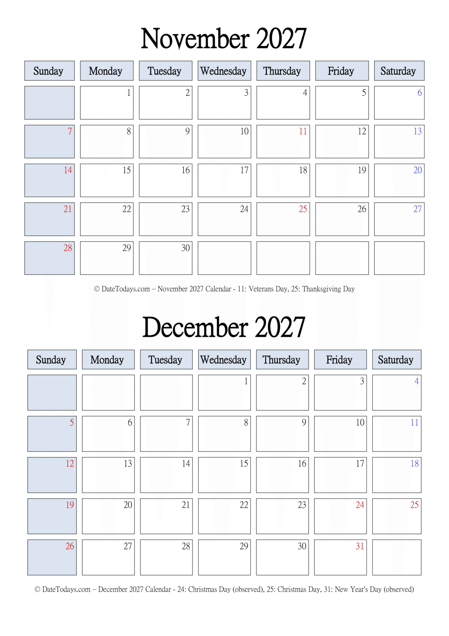 November December 2027 Calendar - Date Today's