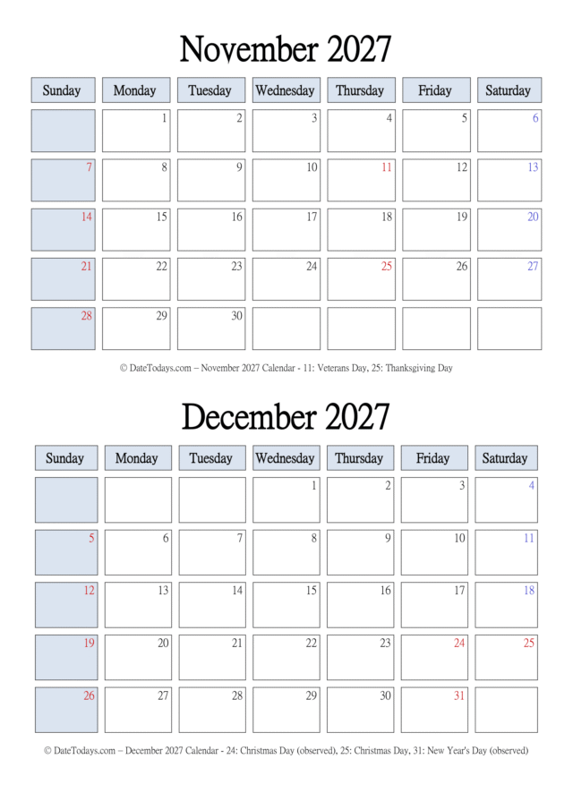 November December 2027 Calendar - Date Today's