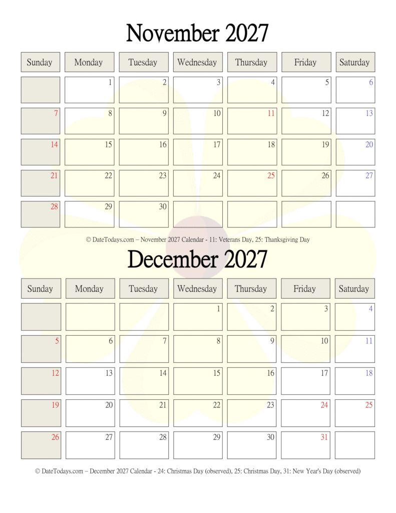 November December 2027 Calendar - Date Today's