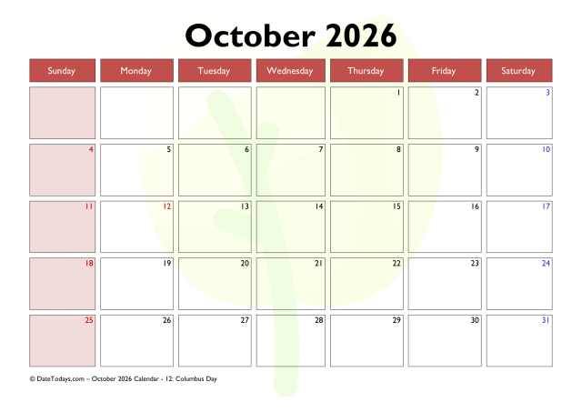 October 2026 Calendar With Holidays Printable Pdf 3958