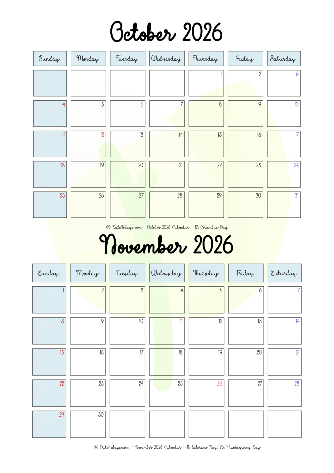 October November 2026 Calendar Printable - 2 Month Calendar