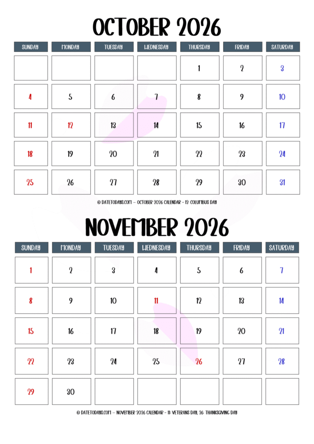 October November 2026 Calendar Printable - 2 Month Calendar