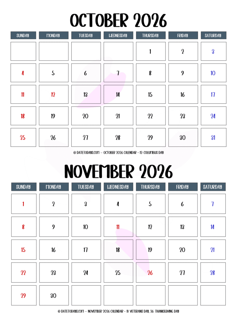 October November 2026 Calendar Printable - 2 Month Calendar