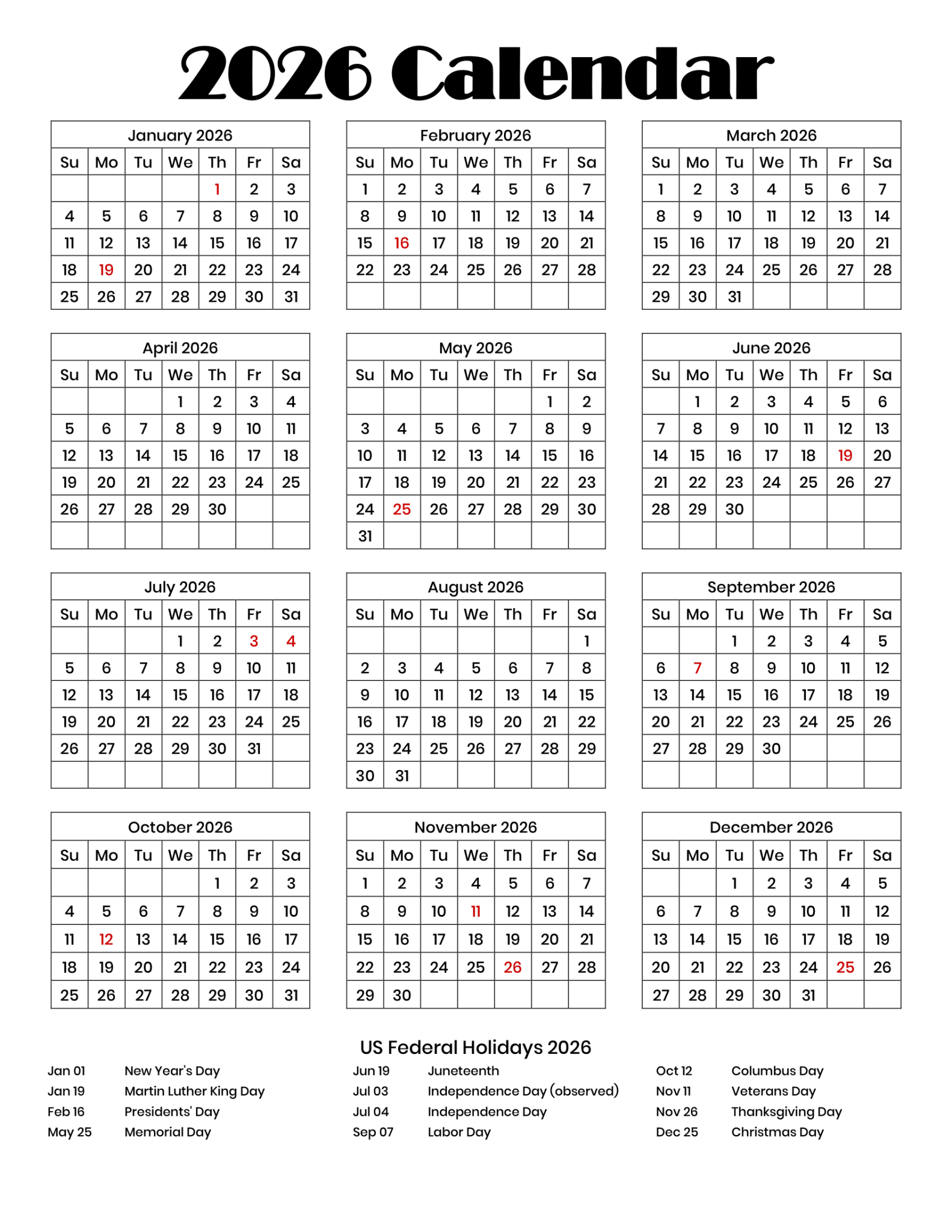 Printable 2026 Calendar with US Holidays - One Page PDF
