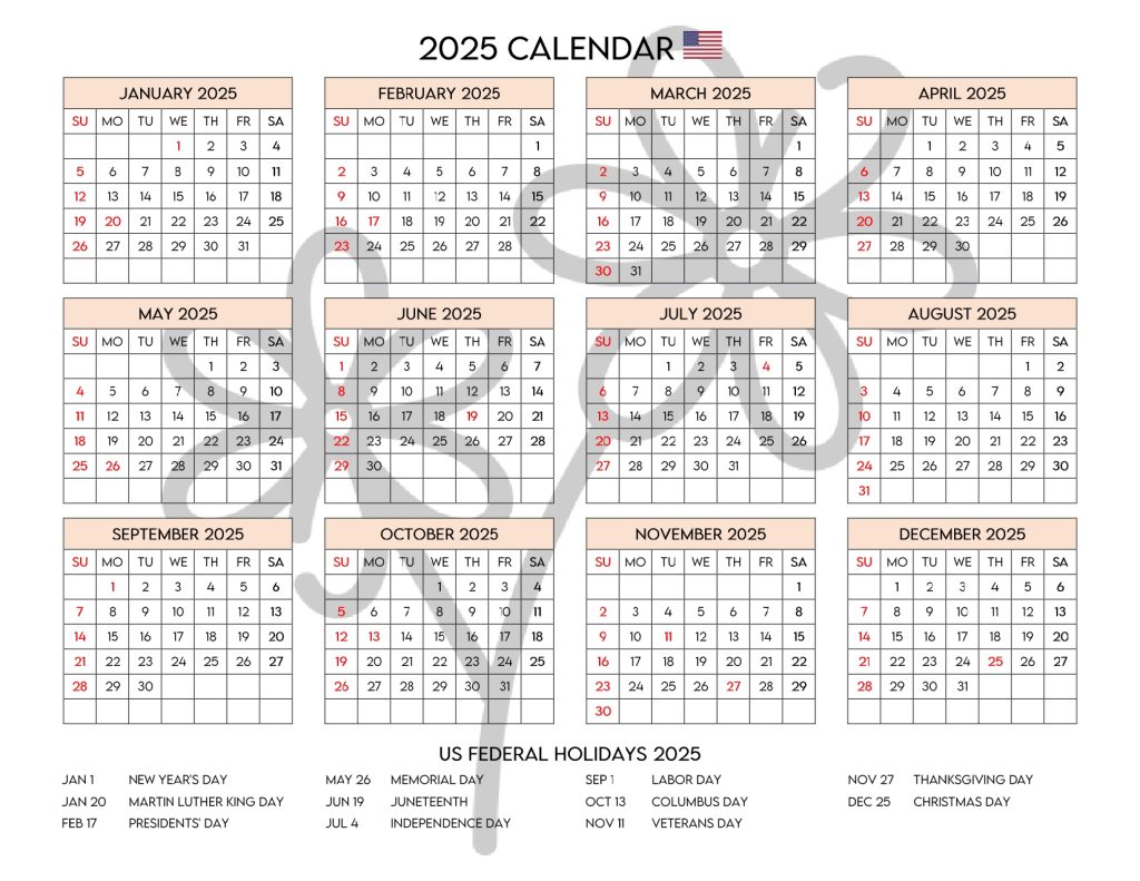 Printable 2025 Calendar with Holidays (12 month on one page)