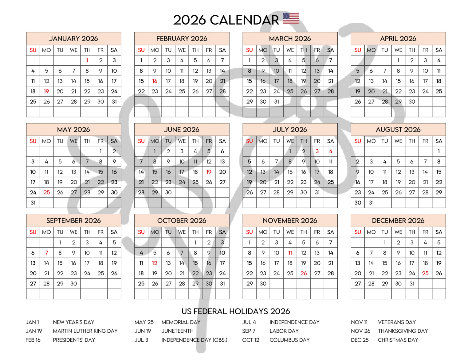 Printable 2026 Calendar with US Holidays - One Page PDF