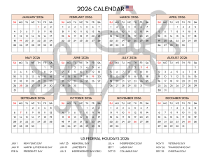 Printable 2026 Calendar with US Holidays - One Page PDF