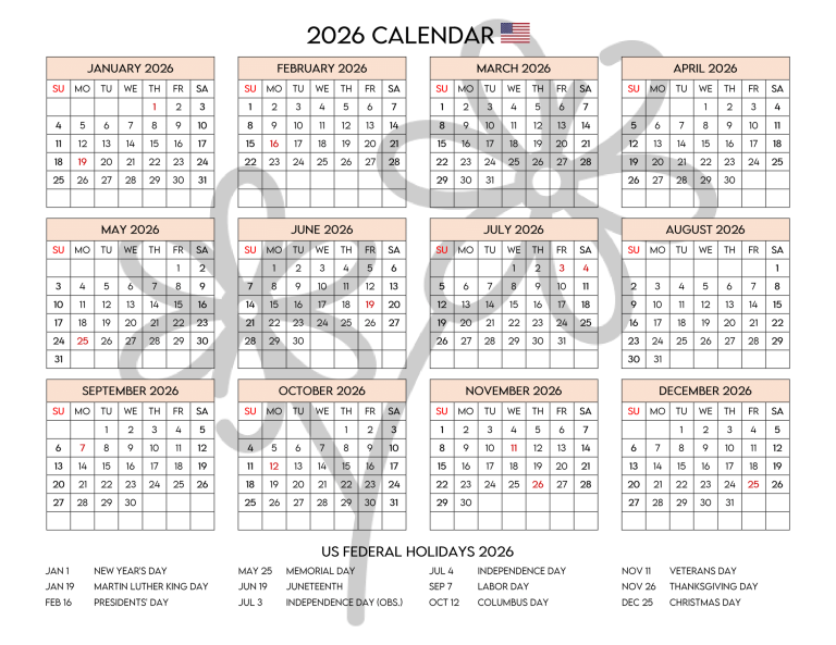 Printable 2026 Calendar with US Holidays - One Page PDF