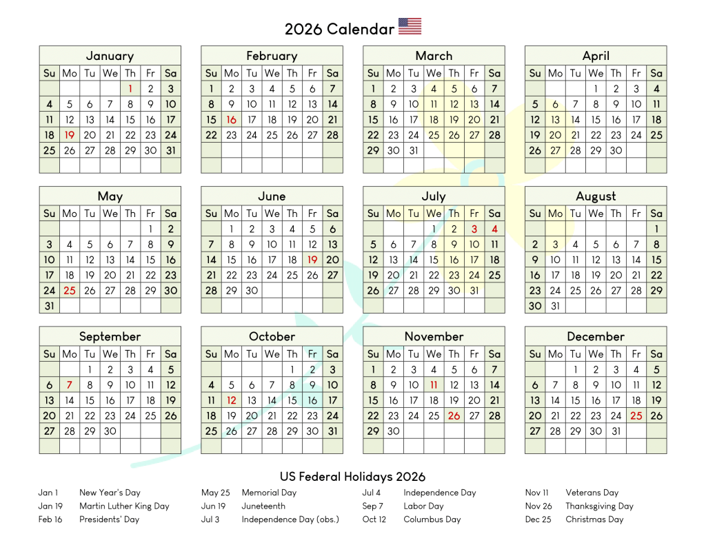 Printable 2026 Calendar with US Holidays - One Page PDF